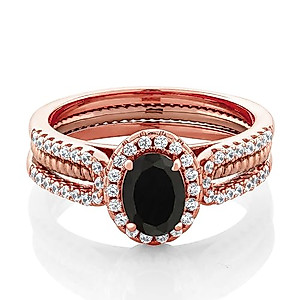 Gem Stone King 1.32 Ct Oval Black Onyx 18K Rose Gold Plated Silver Stackable Ring (Size 9)