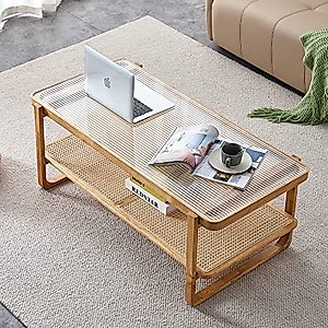 Pvillez Chinese Style Coffee Table, 45.28" Log Style Faux Rattan Rectangular Double-layer Solid Wood Coffee Table with Craft Glass, Mid Century Modern Coffee Table Center Table for Living Room Natural
