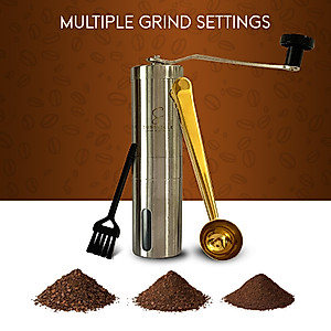 Suneville Manual Stainless Steel Coffee Grinder & Coffee Maker Accessories - Fine to Coarse Grinding Settings - Espresso Tools with Portable Hand Coffee Grinder, Golden Clipper Spoon & Black Brush