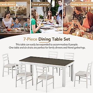 LUMISOL 7 Piece Dining Table Set, Solid Wood Extendable Kitchen Table Set with 12" Leaf and Storage Drawers, Farmhouse Style Dining Table and Upholstered Chairs Set of 6 for Dining Room, Brown+White