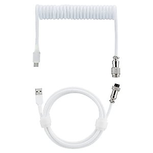 POWSURGE Keyboard Cable, 1.5m/59in Type-C to USB Detachable Coiled Cable with Metal Aviation Connector, Double-Sleeved Anti-Twist Data Cable for Mechanical Gaming Keyboards, White (White)