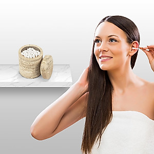 N NANSHOP Bathroom Qtip Holder Dispenser with Lid, Marble Vanity Cotton Ball Holder for Cotton Swab Ball Makeup Sponge Mat Bath Salt, Made of Real Marble, Beige White Travertine(NS019)