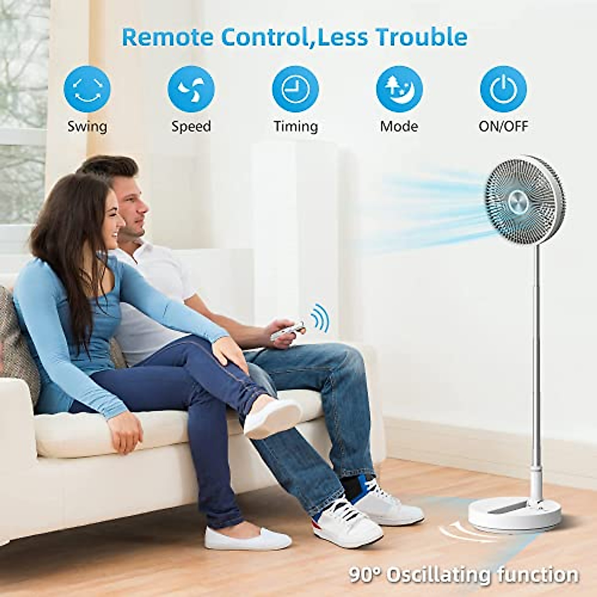 CooCoCo 10" Foldable Portable Fan, 7200mAh Battery Operated Rechargeable Fan, Height Adjustable Oscillating Fan with Remote Control Standing Fan for Bedroom,Cordless Quiet Travel Fan, Home, Office