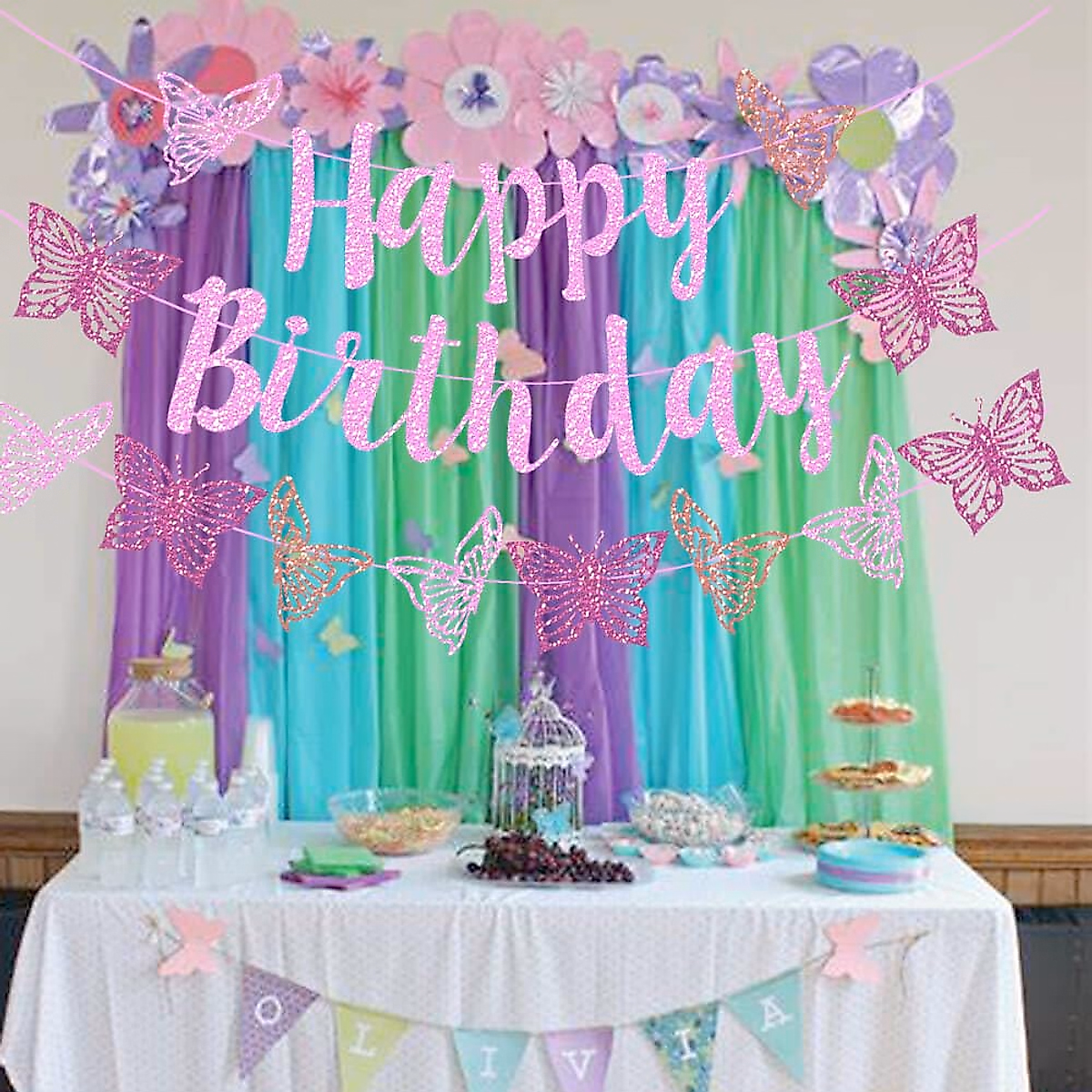 Vetwo Butterfly Birthday Decorations Pink Glitter Butterfly Happy Birthday Party Banner for Spring Butterfly Themed Gender Reveal Baby Shower 1st 2nd 3rd 4th Happy Birthday Party Supplies Decorations