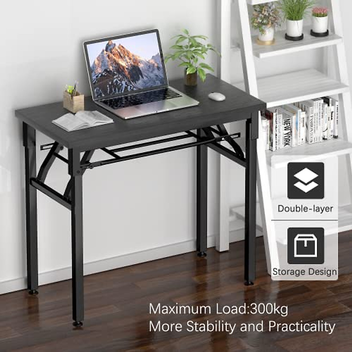 YJHome Folding Table Small Computer Desk Writing Foldable Work Desk Portable No Assembly Required for Small Spaces Home Office School Bedroom, Black