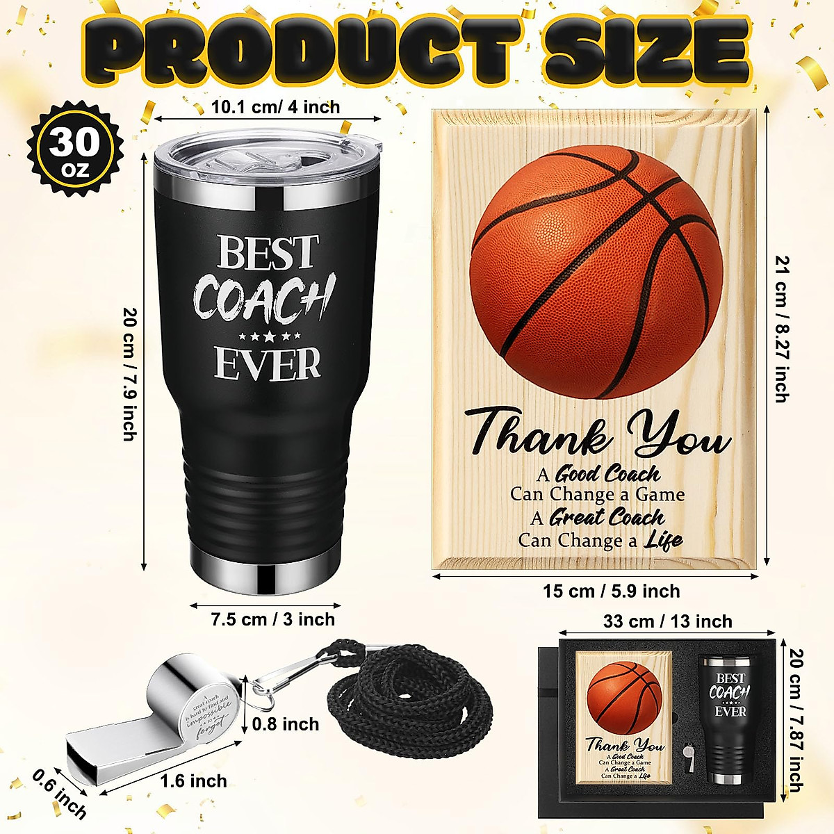 4 Pcs Coach Gifts Best Coach Ever, 30 oz Insulated Travel Tumbler with Whistle Plaque Gift Box Stainless Steel Mug Appreciation Gift Soccer Rugby Basketball(Basketball)