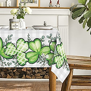 Horaldaily St. Patrick's Day Tablecloth 60x84 Inch, Buffalo Plaid Shamrock Eucalyptus Table Cover for Party Picnic Dinner Decor
