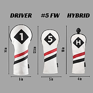Majek Retro Golf Headcovers White Red and Black Vintage Leather Style 1 5 H Driver Fairway Wood and Hybrid Head Cover Classic Look
