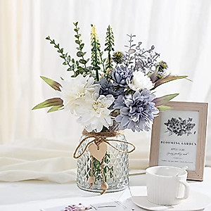 COZZI CODI Fake Flowers Artificial Blue Flowers with Vase, Table Centerpieces for Dining Room, Silk Flower Arrangements for Home, Living Room Bathroom Plant Decor, Centerpiece Table Decorations