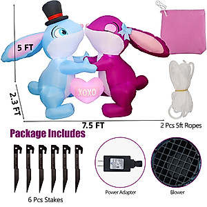 Juegoal Easter Inflatable Cute Bunny with Heart, 7.5ft Long Lighted Blow Valentine Rabbit Couples with Lights, Indoor Outdoor Valentine's Day Easter Xmas Decor, Light Up Lawn Yard Garden Decorations