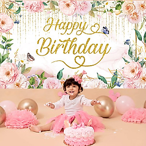 SMENGGIL Florals Happy Birthday Banner Backdrop Flowers Plants Butterfly Photography Background Hanging Pink Gold Green Birthday Party Decoration Supplies for Girls Womens Birthday Decor 72.8*43.3in