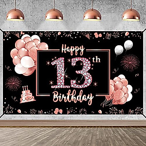 Happy 13th Birthday Banner Backdrop Decorations for Girls, Rose Gold 13 Birthday Sign Poster Party Supplies, Sweet 13 Year Old Teenager Birthday Photo Background Decor for Outdoor Indoor