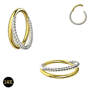 Two Tone Double Stack 14K Solid Yellow Gold and White Gold 18 Gauge Hinged Clicker Segment Ring Ear Septum Tragus Helix Piercing Jewellery