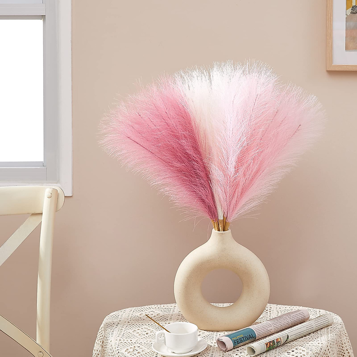 Serwalin Pampas Grass Pink 17.7 Inch 6pcs, Artificial Pampas Grass Faux Pink Pompas Grass Decor, Short Pompous Grass Blush Room Decoration, Wedding Party Centerpieces Valentine Mothers Day