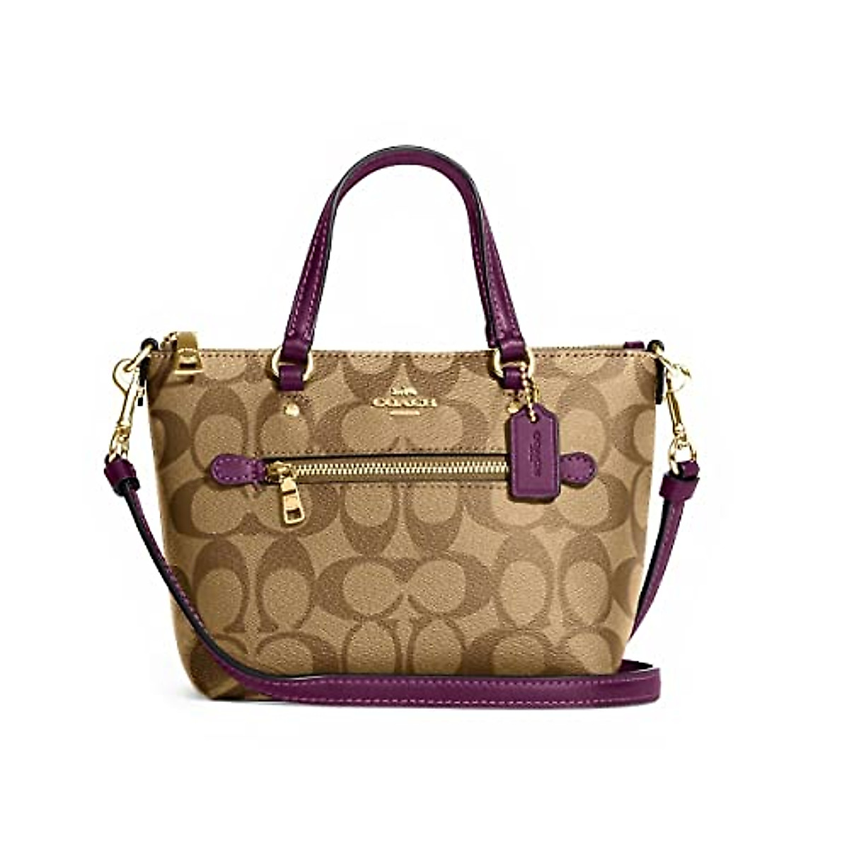 COACH Womens Mini Gallery Crossbody in Signature Canvas Khaki/Boysenberry