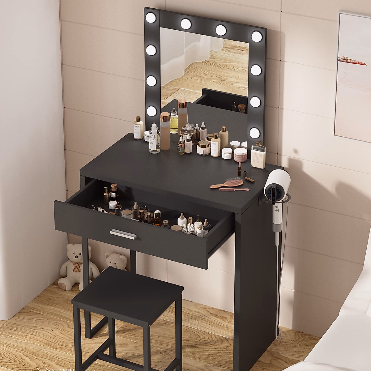 Titoni Makeup Vanity Desk with Mirror and Lights, Black Vanity Table and Chair Set, Brightness Adjustable, Small Vanity for Girls' Bedroom
