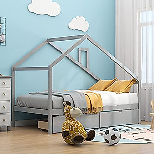 Platform Bed Daybed with Two Pull-Out Drawers and Roof, House Bed Frame for Kids, Twin Size, Gray