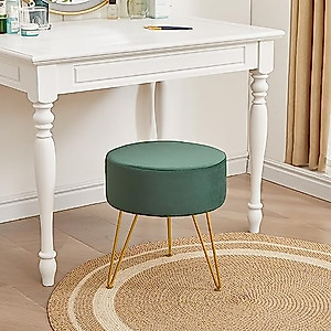 Round Vanity Stool Chair, Velvet Modern Ottoman Foot Stool with Adjustable Metal Legs & Sponge Filling, Upholstered Foot Rest for Living Room, Bedroom, Dressing Room, Office, Green