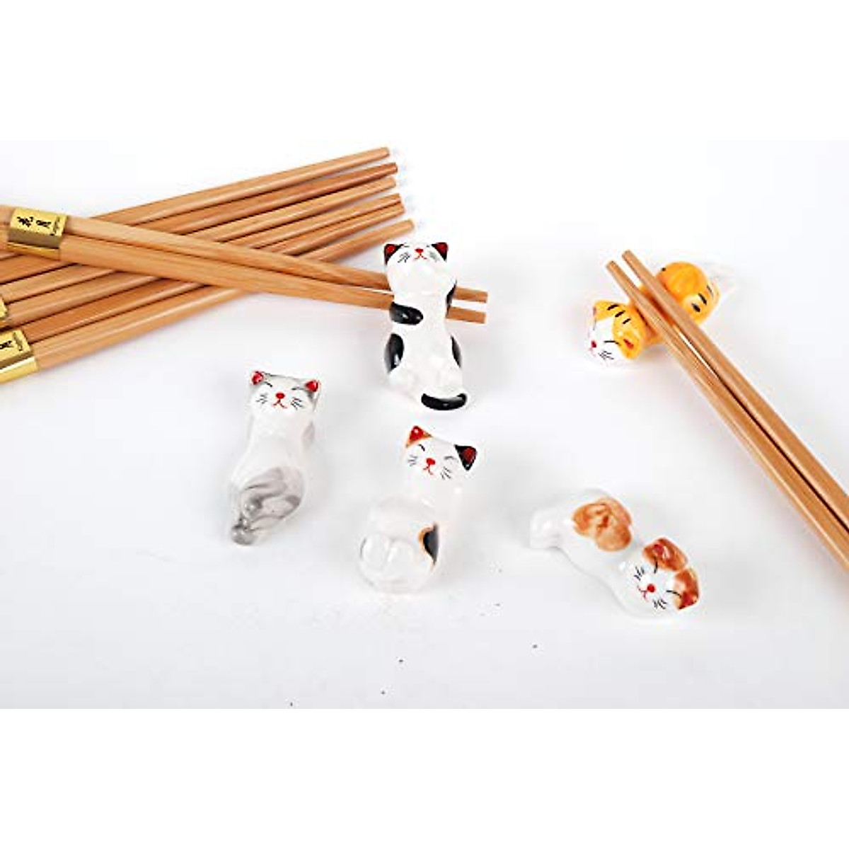 Japanese Traditional Chopsticks Set with Cute Kitten Cats Chopsticks Rest 5 Matching Pair Assorted Colors Chopsticks Set Dining Table Starter Kit Beautiful Gift Item Nicely Packaged (Cats)