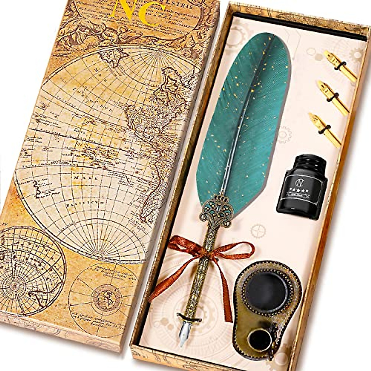 NC Quill Pen Ink Set, Feather Pen Ink Set, Feather Calligraphy Pen Set, Christmas gifts, Valentine’s Day Gift, Birthday Gift, Calligraphy Set Holiday Ideal Gift.(Green)