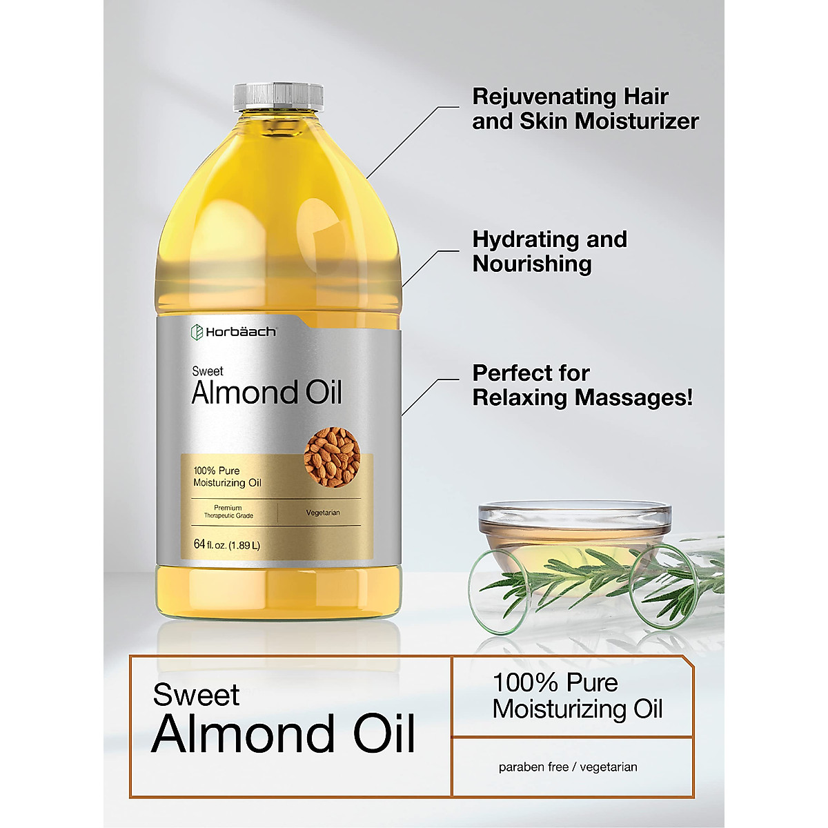 Horbäach Sweet Almond Oil 64 fl oz | for Hair and Skin | Cold Pressed & Hexane Free | Bulk Size Carrier Oil | Vegan, Non-GMO, Cruelty Free