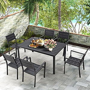U-MAX 7-Piece Aluminum Outdoor Dining Set, Patio Table and Chairs Set for 6 Morden Outdoor Furniture Set with Aluminum Frames, Rectangular Table and Stackable Chairs for Garden, Black