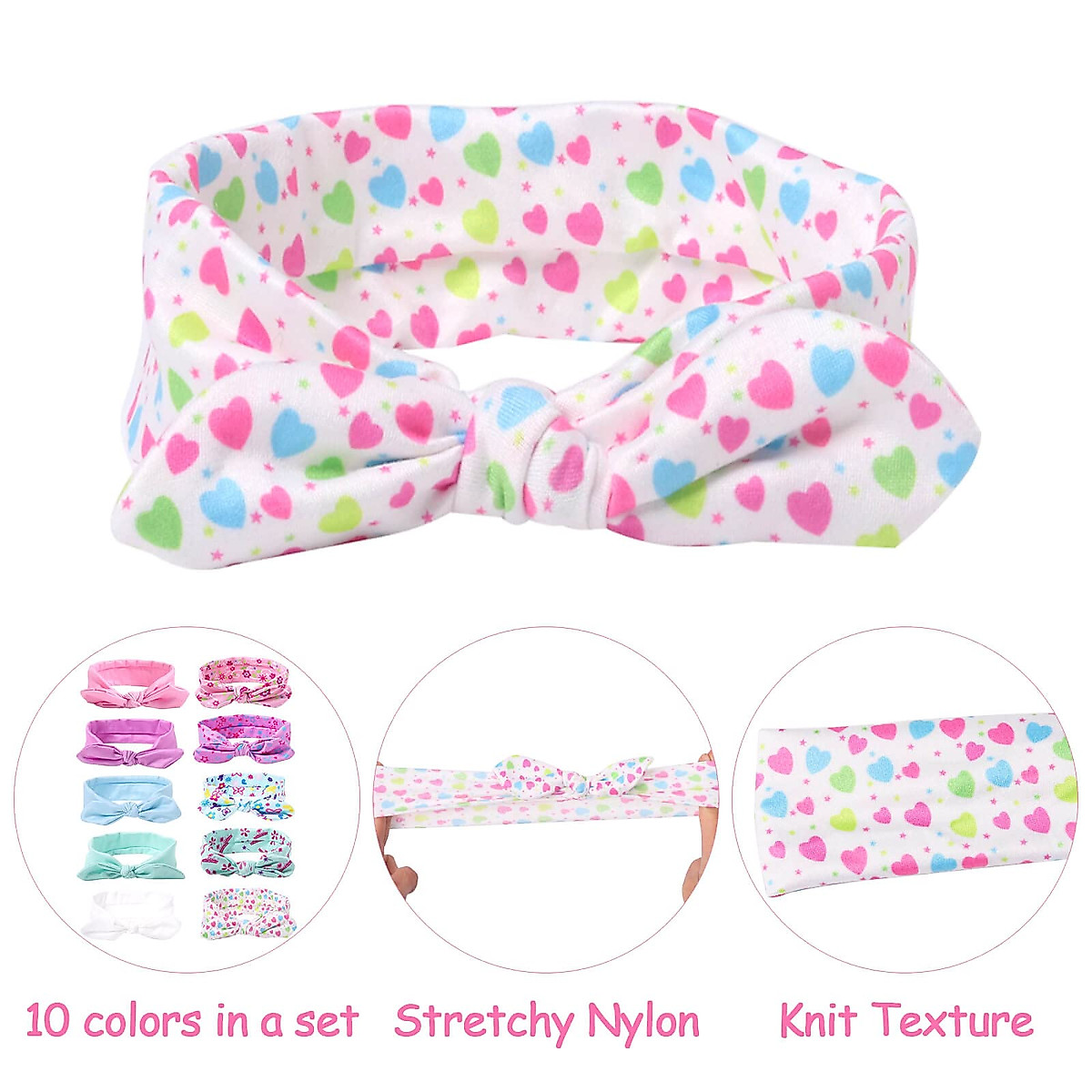 Rhoxshy Super Stretchy Soft Knot Baby Girl Bow Headbands Elastic Nylon Hairbands Turban Hair Accessories for Newborn Baby Girls Infant Toddlers and Kids(10 Colors)