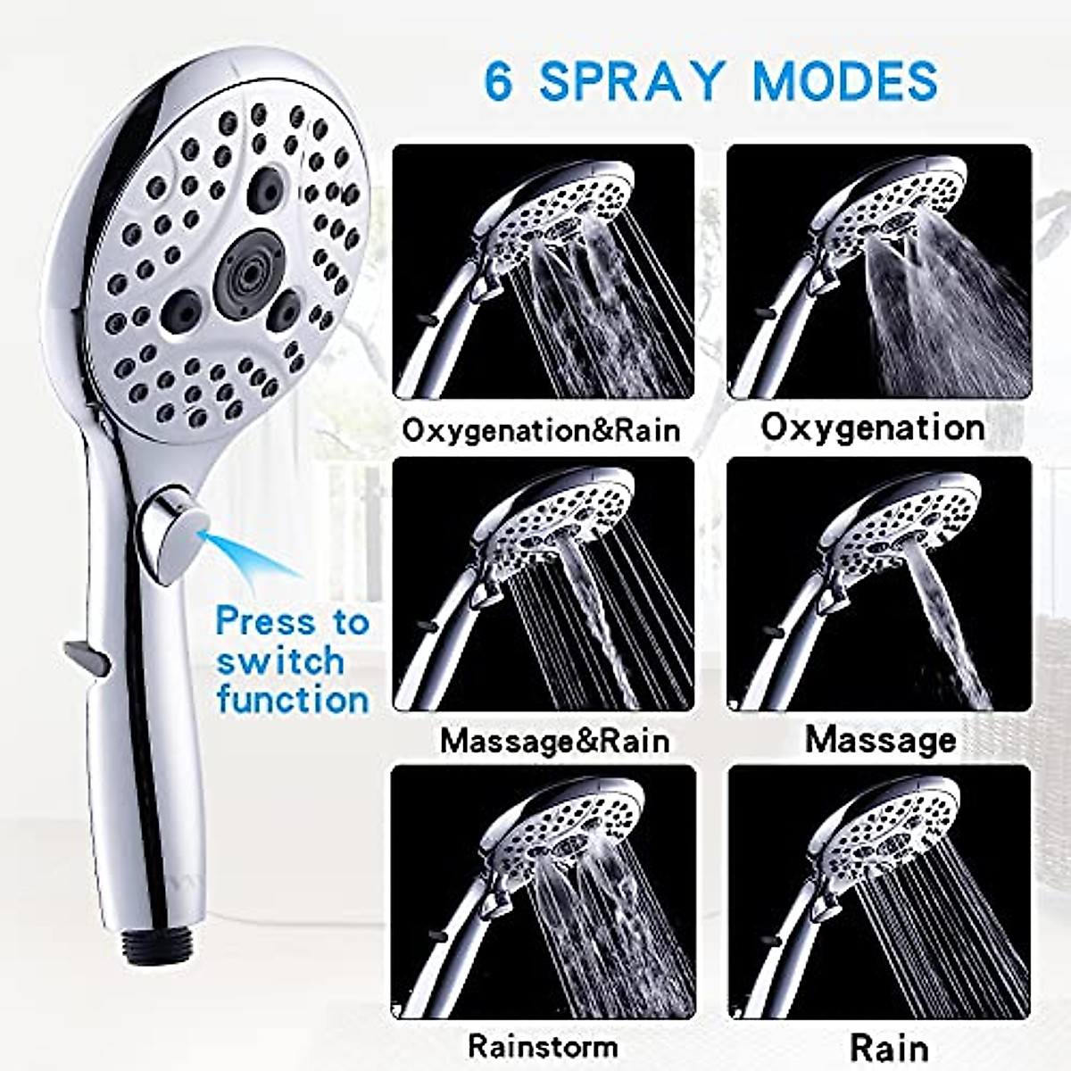 VXV Bathroom Handheld Shower Head with on off Switch, 6 Spray Setting Removable Hand Held Showerheads with 6 FT Stainless steel Hose and Adjustable Angle Bracket(Chrome)