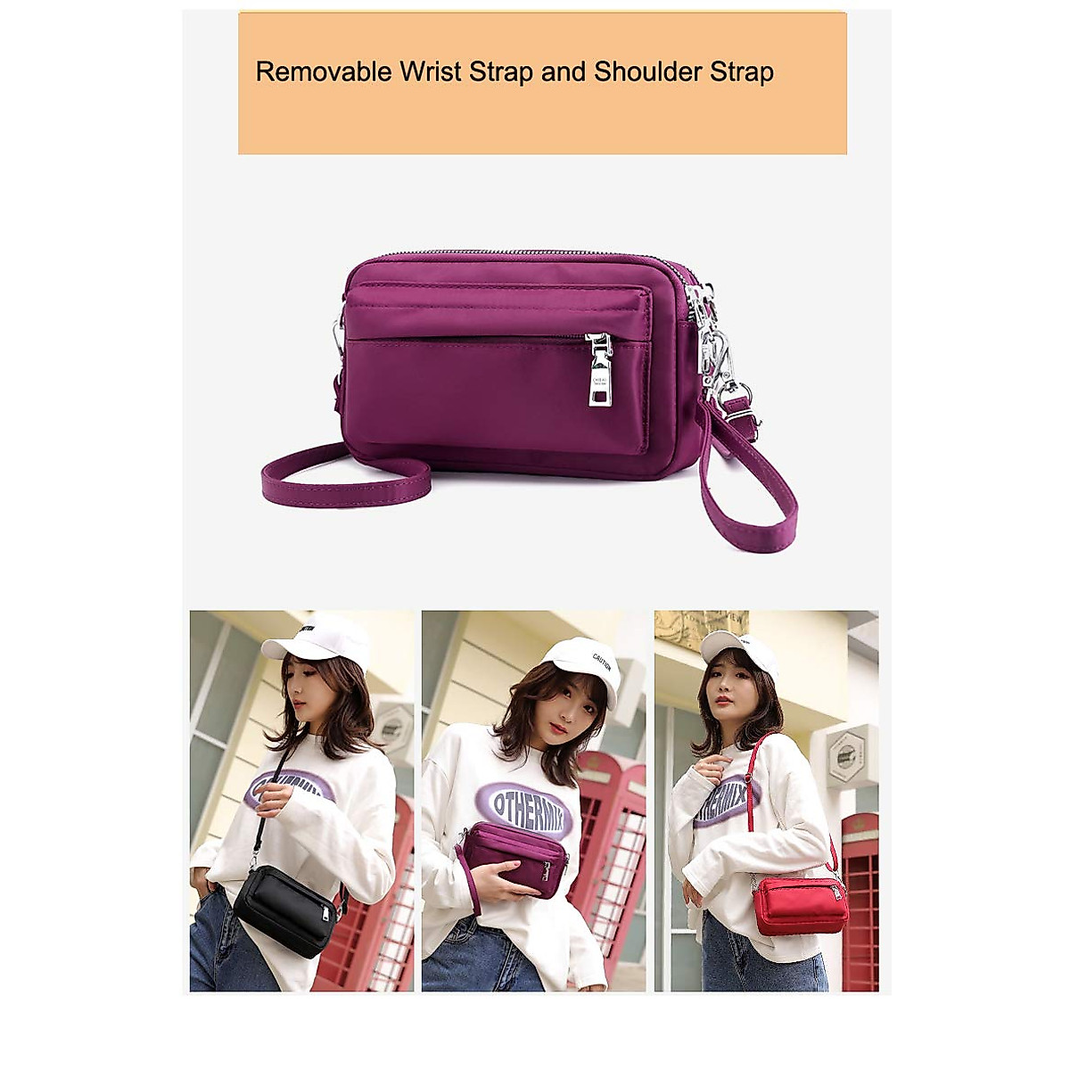 YANAIER Multi-Zipper Crossbody Handbag Purse, Women's Nylon Wristlet Mini Crossbody Bag Clutch with 2 Straps Dark Blue