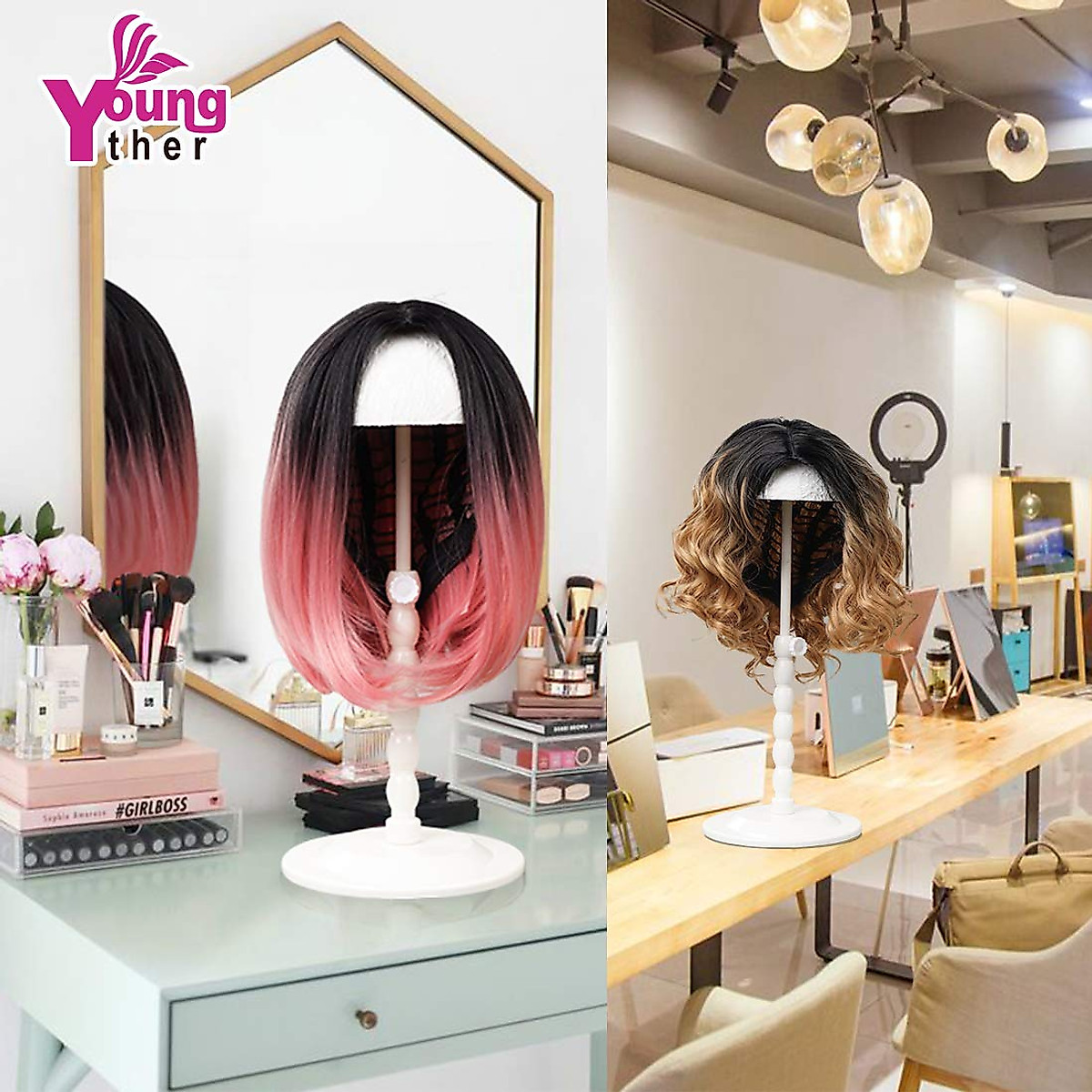 Youngther Wig Stand Adjustable Height Hat Display Portable Folding Wig Head Holders Plastic Wig Stand for Styling Wig Hair Drying Display (White)