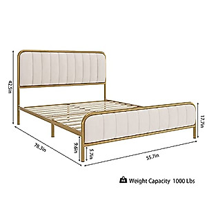 HITHOS Full Size Bed Frame, Upholstered Bed Frame with Button Tufted Headboard, Heavy Duty Metal Mattress Foundation with Wooden Slats, Easy Assembly, No Box Spring Needed (Golden/Off White, Full)