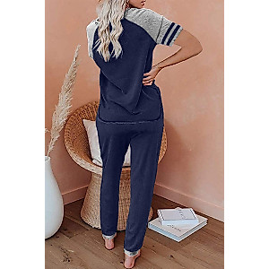 AUTOMET Lounge Sets For Women Two Piece Outfits Loungewear Short Sleeve Crewneck Jogger Pajama Set Sweatpants Tracksuit Navy Blue L