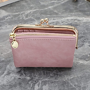 Micro Traders Women Wallet PU Leather Bifold Purse with Zipper and Kiss Lock Bank Card Storage Bag Vintage Small Compact Multifunctional Coin Pocket 12x10cm Pink