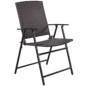 COSTWAY P 4 PCS Folding Patio Outdoor Pool Lawn Portable Wicker Armrest & Footrest Durable Rattan Steel Frame Commercial Foldable Stackable Party Wedding Chair Set (24X23X, Mix Brown