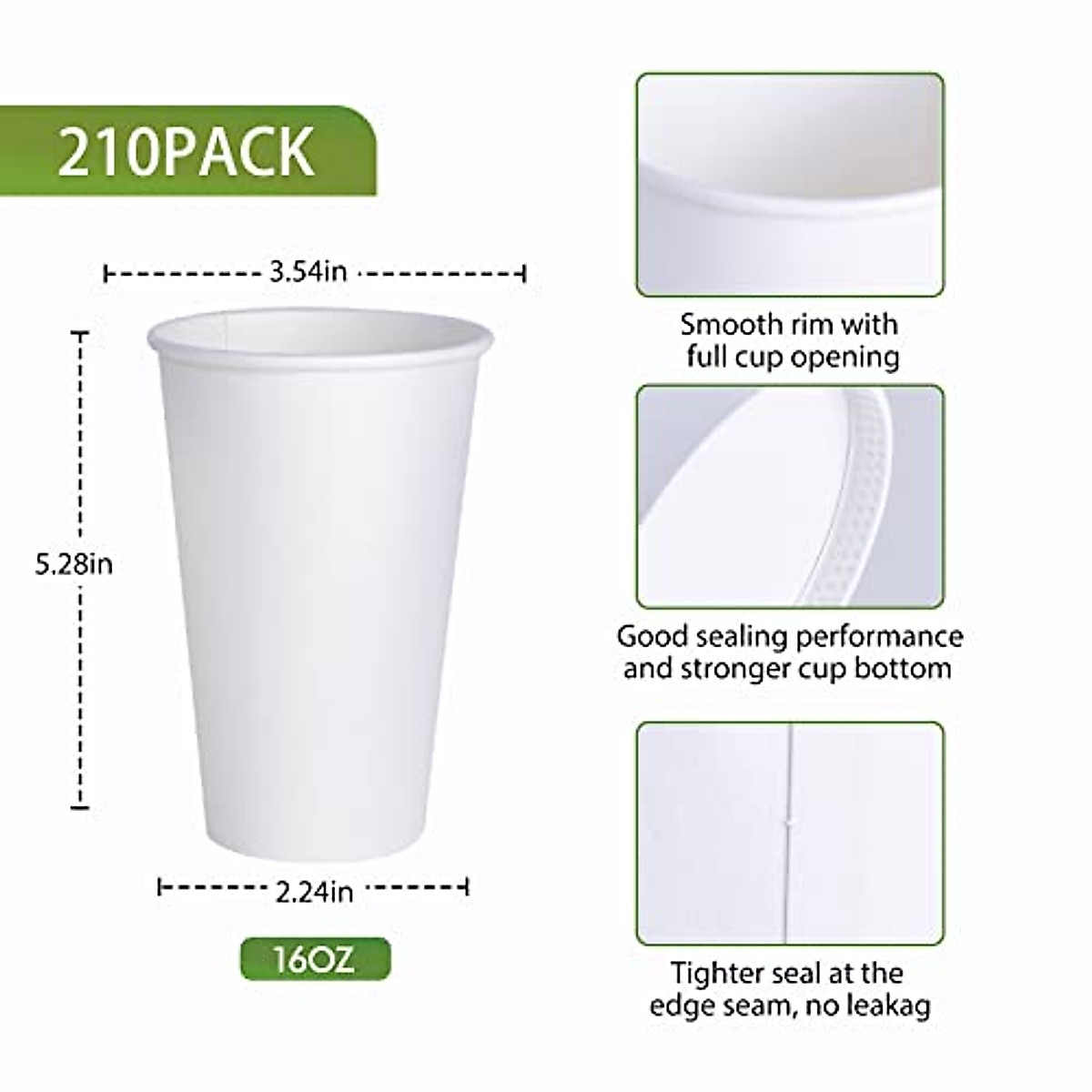 LITOPAK 210 Pack 16 oz Disposable Paper Coffee Cup, Hot/Cold Beverage Drinking Cups for Water, Paper Coffee Cups, White Paper Hot Coffee Cups, Suitable for Party, Picnic, Travel, and Events.