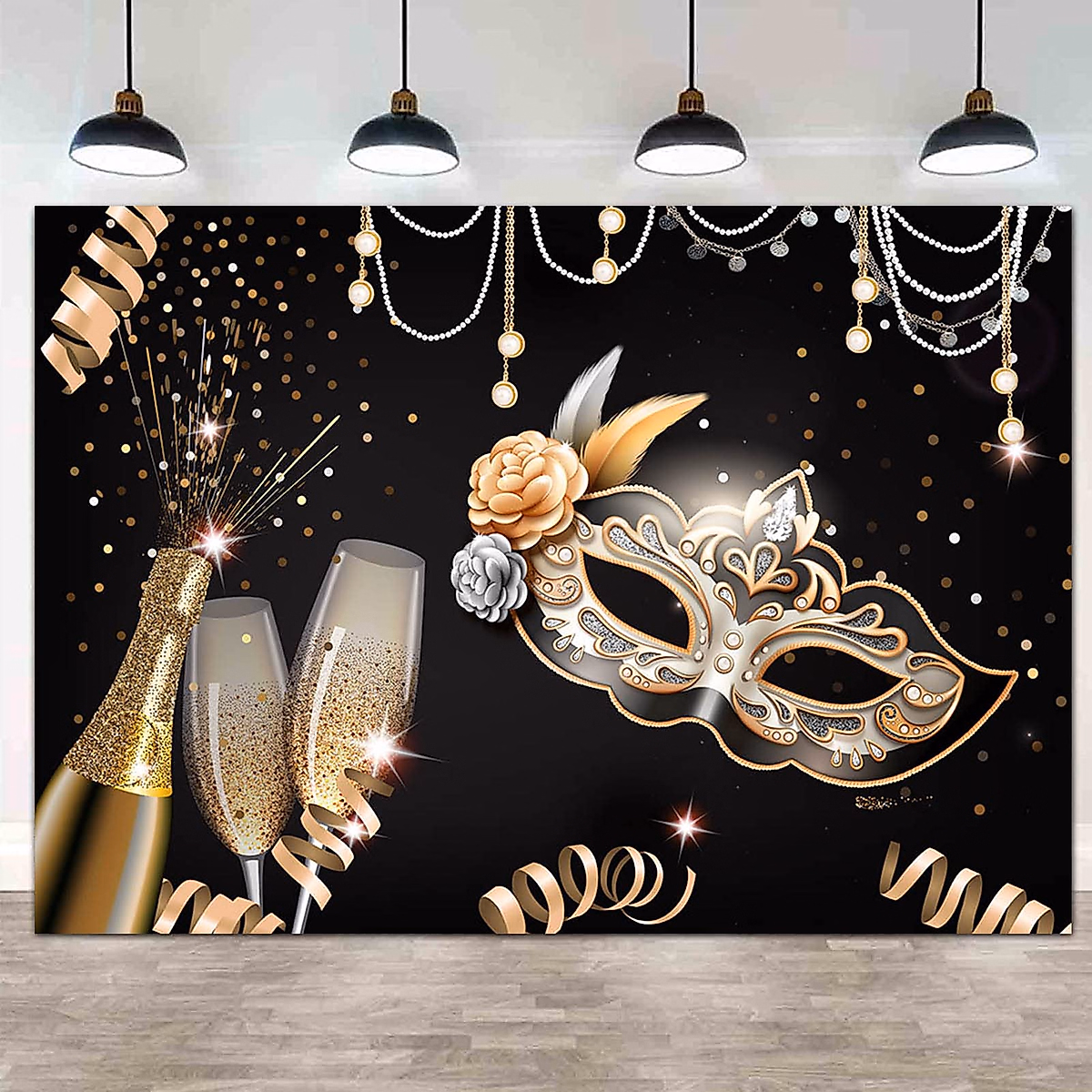 Masquerade Party Backdrops Retro Gold Black Mask Carnival Birthday Photography Backdrop Fiesta Mardi Gras Dance Photo Background Champagne Glass Photo Booths Props Decorations 8x6ft Vinyl