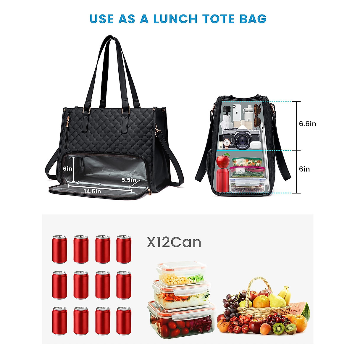 LOVEVOOK Lunch Tote Bag for Women, 15.6 Inch Laptop Bag with Insulated Lunch Compartment, Quilted Large Capacity Computer Handbag with Purse for Business, Work, Nurse, Office, Collage, Casual, Black