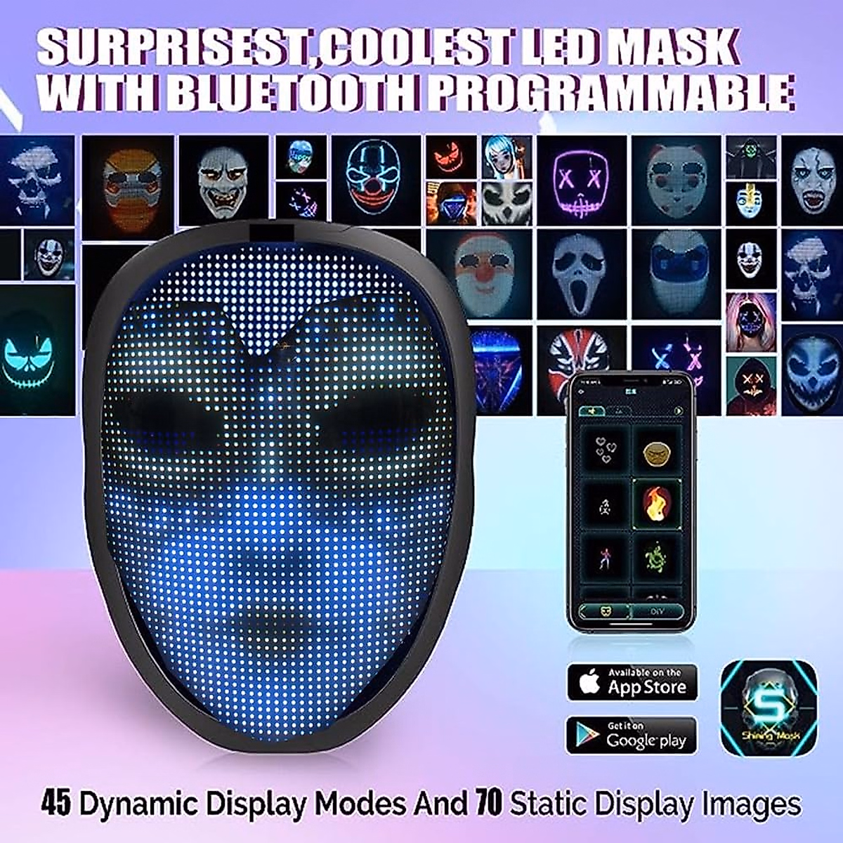 wishplan Led Mask With Face Transforming，Programmable APP Digital Smart LED Light Up Face Mask for BoyWithUke Kid Adults Men's Halloween Party Costume DJ Cosplay Masquerade Gift