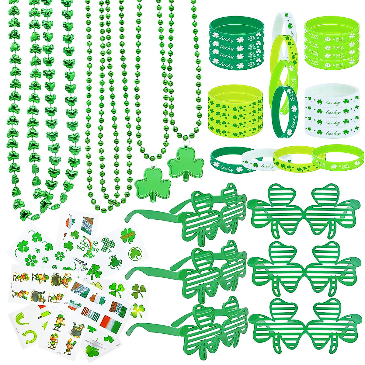 96Pcs St. Patricks Day Party Favors Set Shamrock Glasses Necklaces Bracelets Tattoos St. Patrick's Day Accessories Decorations Supplies