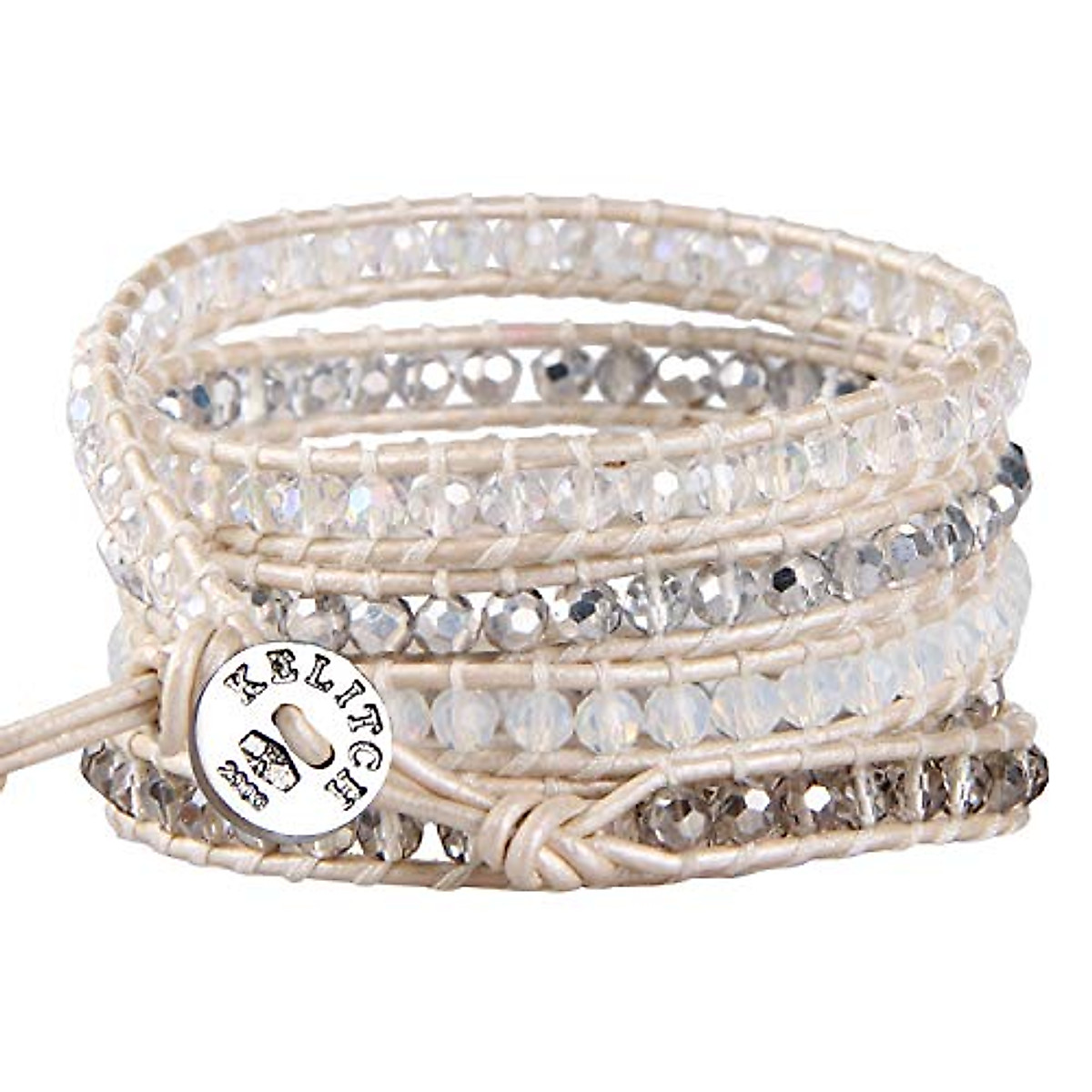 KELITCH Women Gray Clear Crystal Bracelets Beaded 5 Wrap Bracelet Handmade Love White Leather Strand Bracelets New