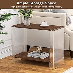 HaiQiwawo Walnut Narrow End Table, Modern Acrylic Sofa Side Table, Small Accent Table, 2-Tier Nightstand Bedside Table for Small Space Bedroom Hallway (Walnut Rectangle Shape)