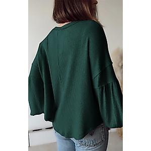 BTFBM Women's Ribbed Long Sleeve Tops 2025 Summer Spring Pullover Knit Casual V Neck Blouses Trendy Loose Fit Tunic Top(Solid Dark Green, Large)