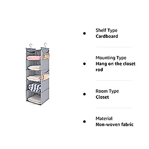 MAX Houser 5 Shelf Hanging Closet Organizer,Space Saver, Closet Hanging Shelves with (4) Side Pockets,Foldable,Light Grey