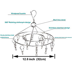 CenYouful Stainless Steel Round Hanging Drying Rack with 20 Clips for Drying Socks, Baby Clothes, Bras, Towel, Underwear, Hat, Scarf, Pants, Gloves