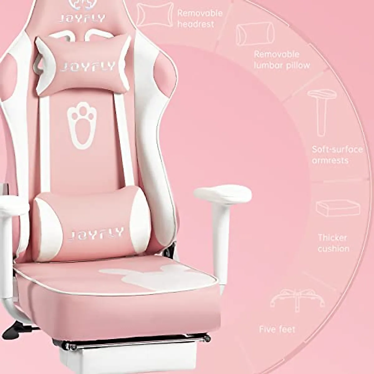 JOYFLY Pink Gaming Chair, Gamer Chair with Footrest for Girls Ergonomic Racing Style Computer PC Office Chair with Bunny Ears for Adults Teens, Headrest and Lumbar Support, 350lbs, Gift, Pink