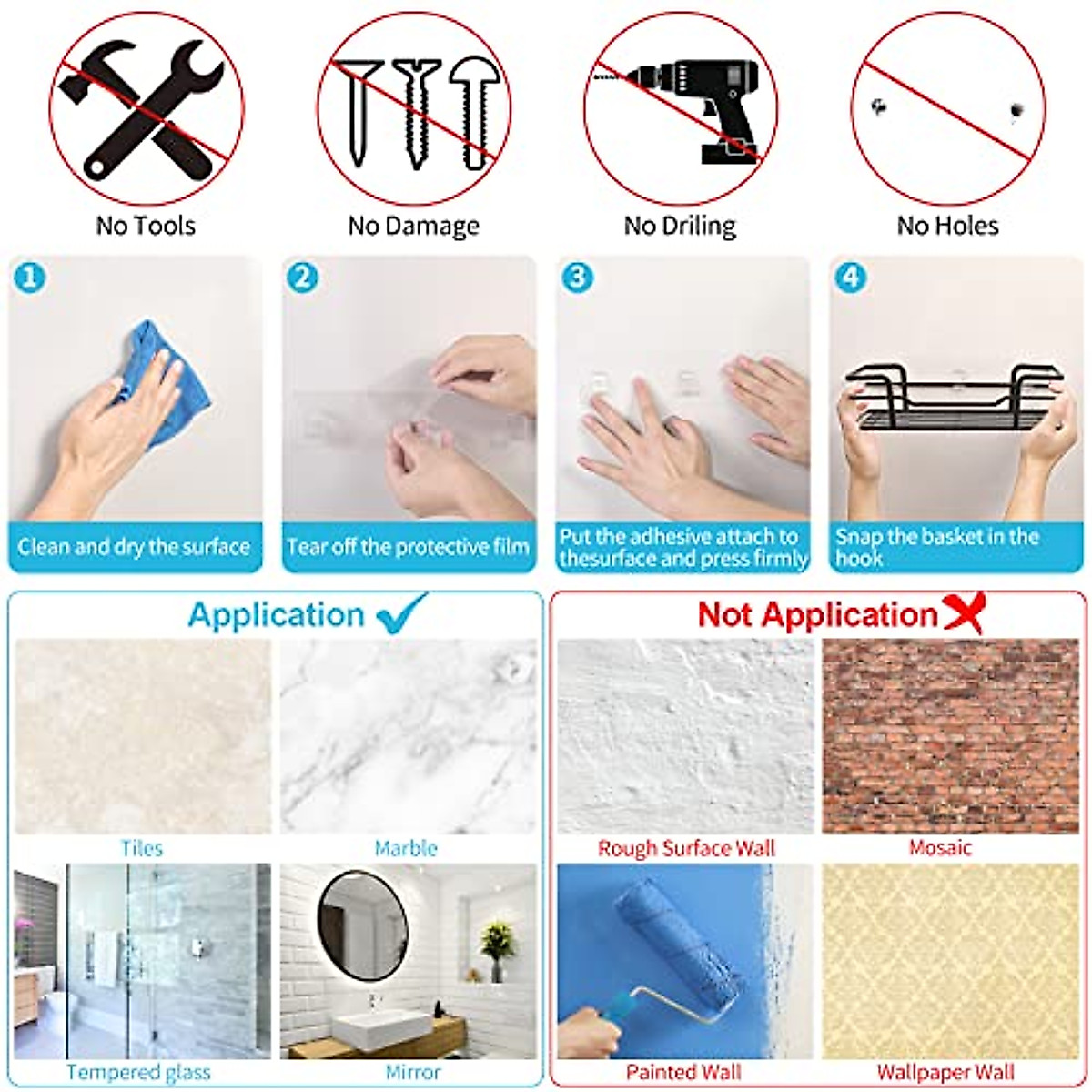 Shower Caddy Adhesive Basket Shelf Drill-Free Kitchen or Bathroom Organizer - Black Basket Shelves Hooks for Washroom Accessories Adhesive Stainless Steel Shampoo Holder, Kitchen Shelf Rack 2 Pck