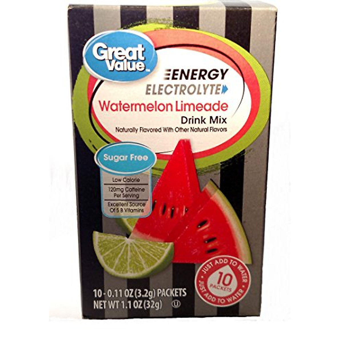 Great Value Sugar Free, Low Calorie ENERGY Watermelon Limeade Drink Mix (Pack of 6)