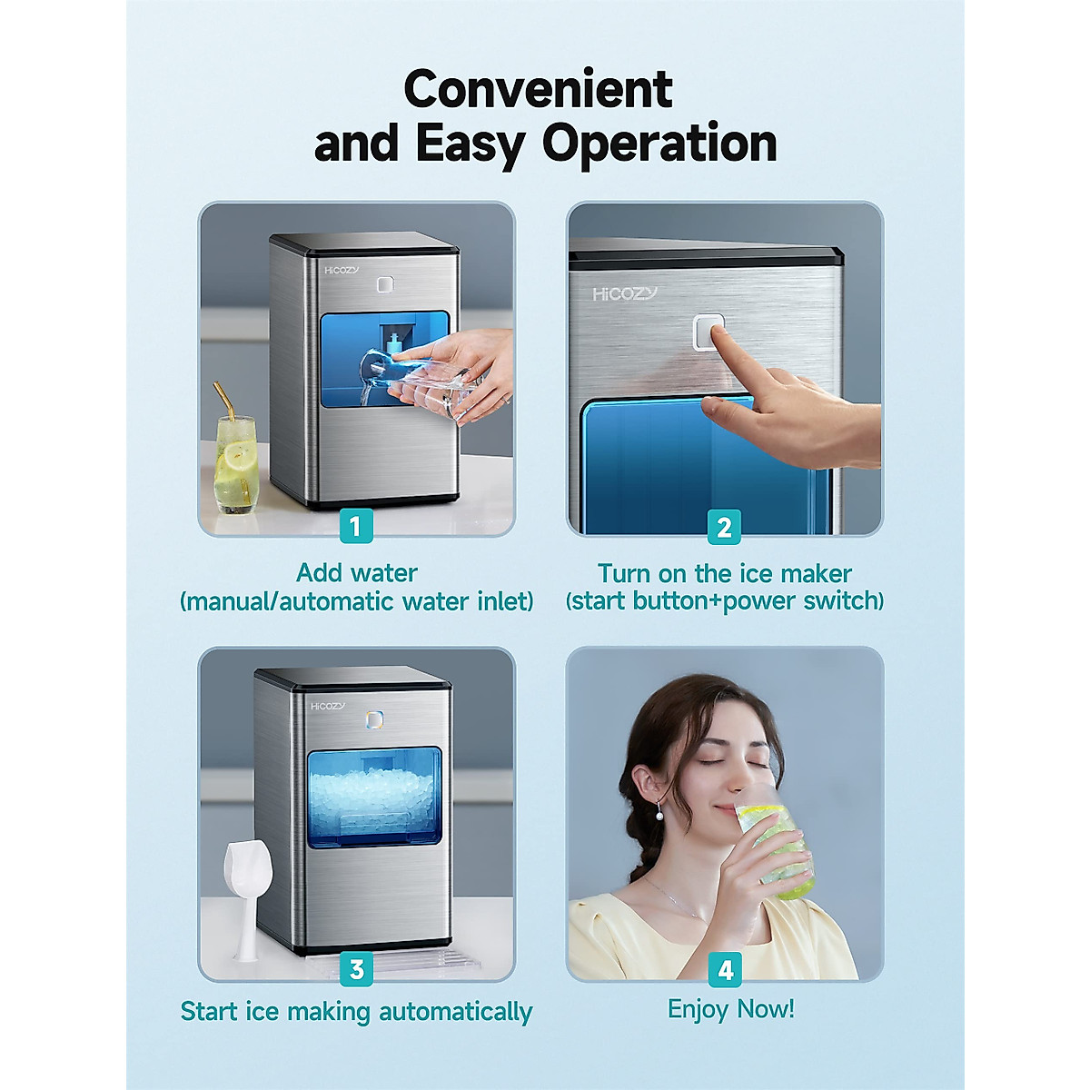 HiCOZY Nugget Ice Makers Countertop, Compact Crushed Ice Maker, Produce Ice in 5 Mins, 55LB Per Day, Self-Cleaning and Automatic Water Refill, Suitable for Home, Office (Black)