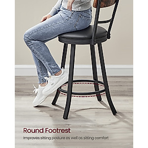 VASAGLE Bar Stool, Swivel Bar Stool, Bar Chair with Back, Metal Steel Frame, 25.8-Inch Cushioned Seat, Footrest, Easy Assembly, Industrial Style for Kitchen Island, Black and Rustic Brown