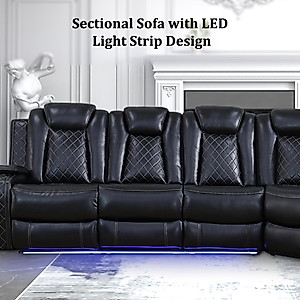 Power Recliner Sectional Sofa with LED, Breathing Leather Power Reclining Sofa Set, Sectional Reclining Couch with USB Port/Cup Holder/Storage for Living Room (Black)